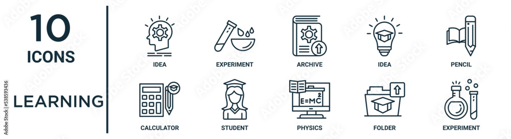 learning outline icon set includes thin line idea, archive, pencil ...