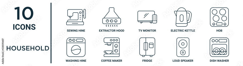 household outline icon set includes thin line sewing hine, tv monitor ...