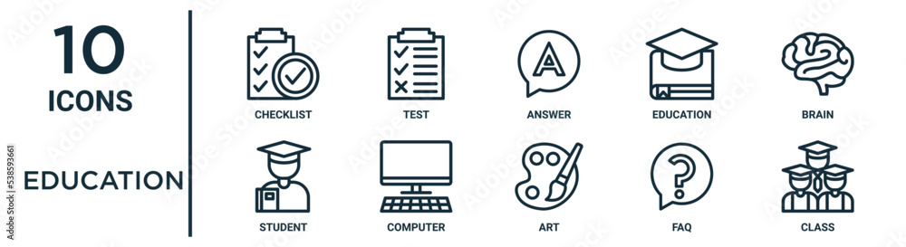 education outline icon set includes thin line checklist, answer, brain ...