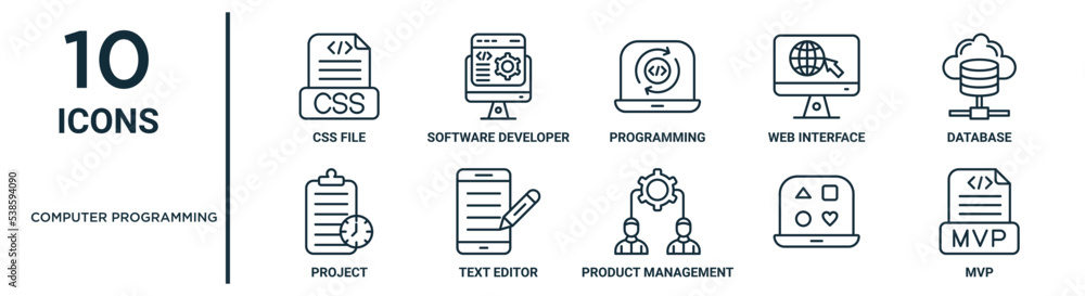 Computer Programming Outline Icon Set Includes Thin Line Css File Programming Database Text