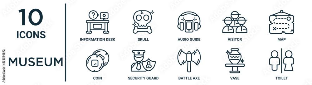 museum outline icon set includes thin line information desk, audio ...