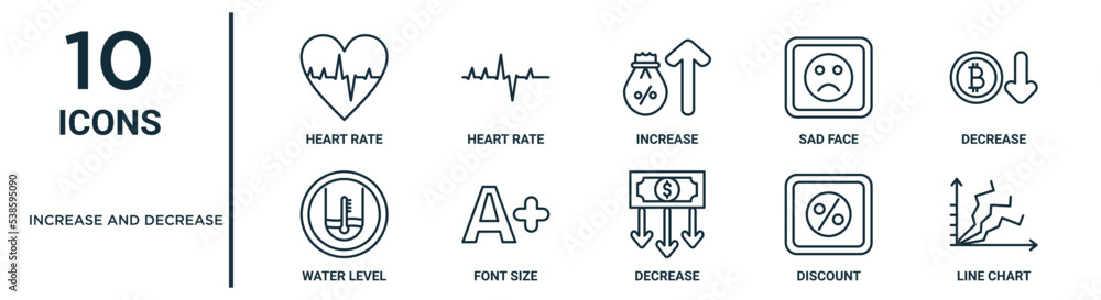 increase and decrease outline icon set includes thin line heart rate, increase, decrease, font ...