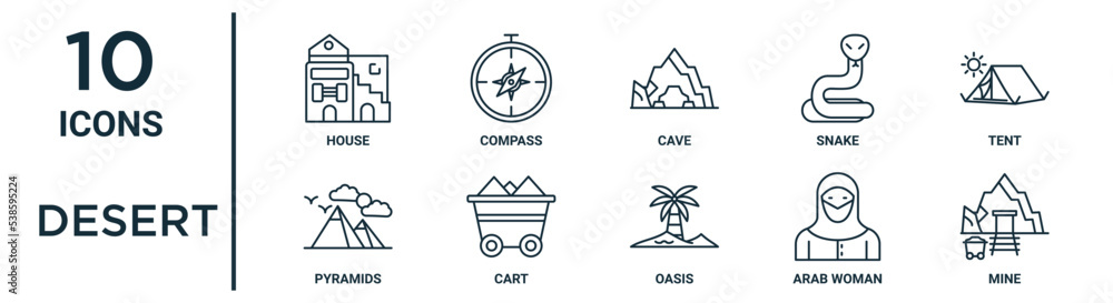 desert outline icon set includes thin line house, cave, tent, cart ...