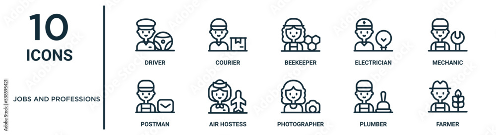 Vetor de jobs and professions outline icon set includes thin line driver, beekeeper, mechanic ...