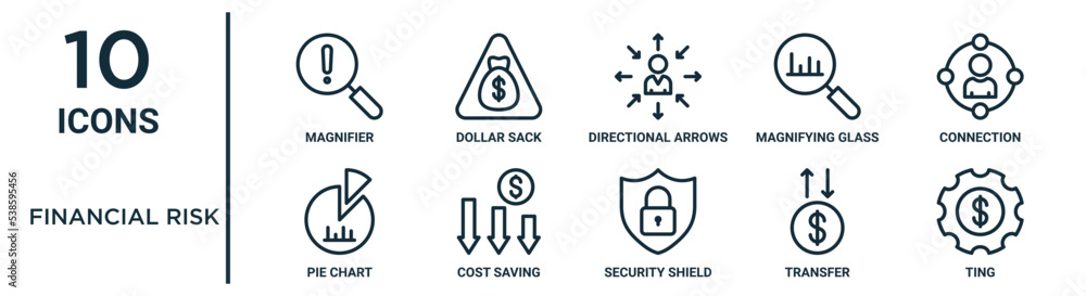 financial risk outline icon set includes thin line magnifier ...