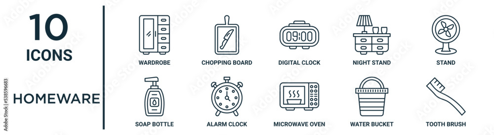 homeware outline icon set includes thin line wardrobe, digital clock ...