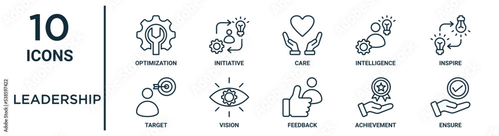leadership outline icon set includes thin line optimization, care ...