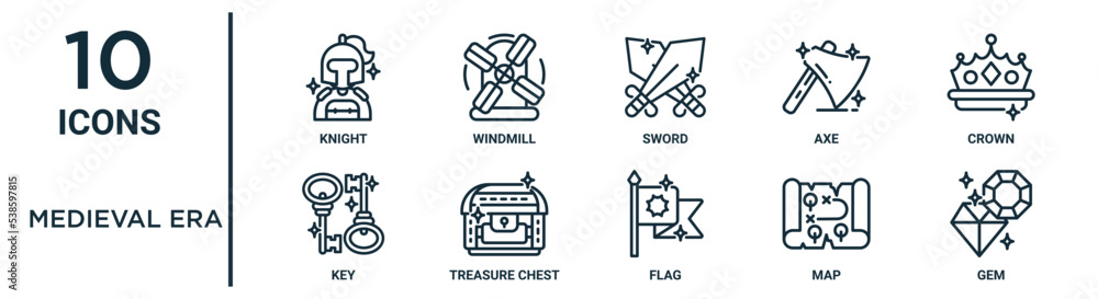 medieval era outline icon set includes thin line knight, sword, crown ...