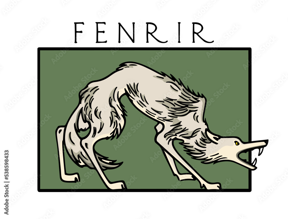 Vector card with hand drawn monstrous wolf of Norse mythology Fenrir ...