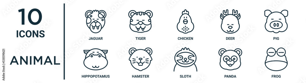 Vetor de animal outline icon set includes thin line jaguar, chicken ...