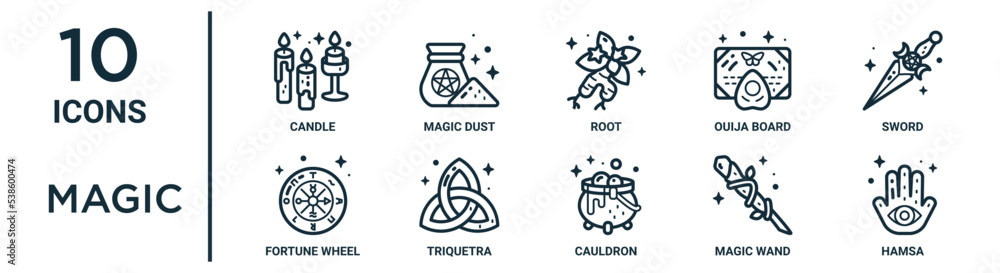 magic outline icon set includes thin line candle, root, sword ...