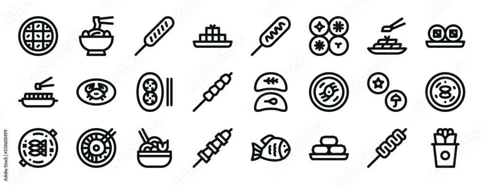set of 24 outline web korean food icons such as pangjeon, kimchi ...
