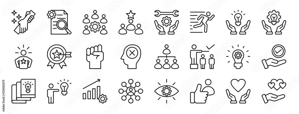 set of 24 outline web leadership icons such as help, research, teamwork ...