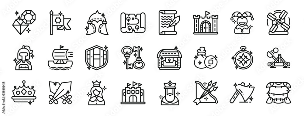 set of 24 outline web medieval era icons such as gem, flag, helmet, map ...
