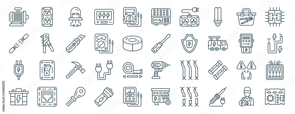 set of 40 outline web electrician tools icons such as socket, wires ...