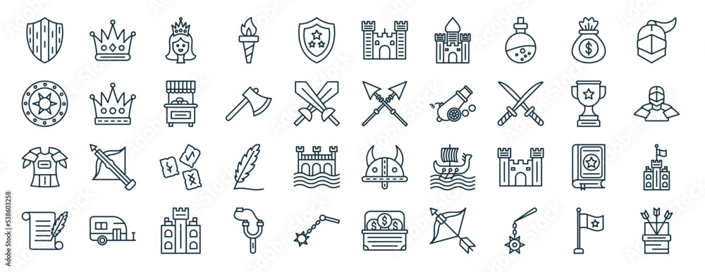 set of 40 outline web medieval icons such as crown, shield, armor ...