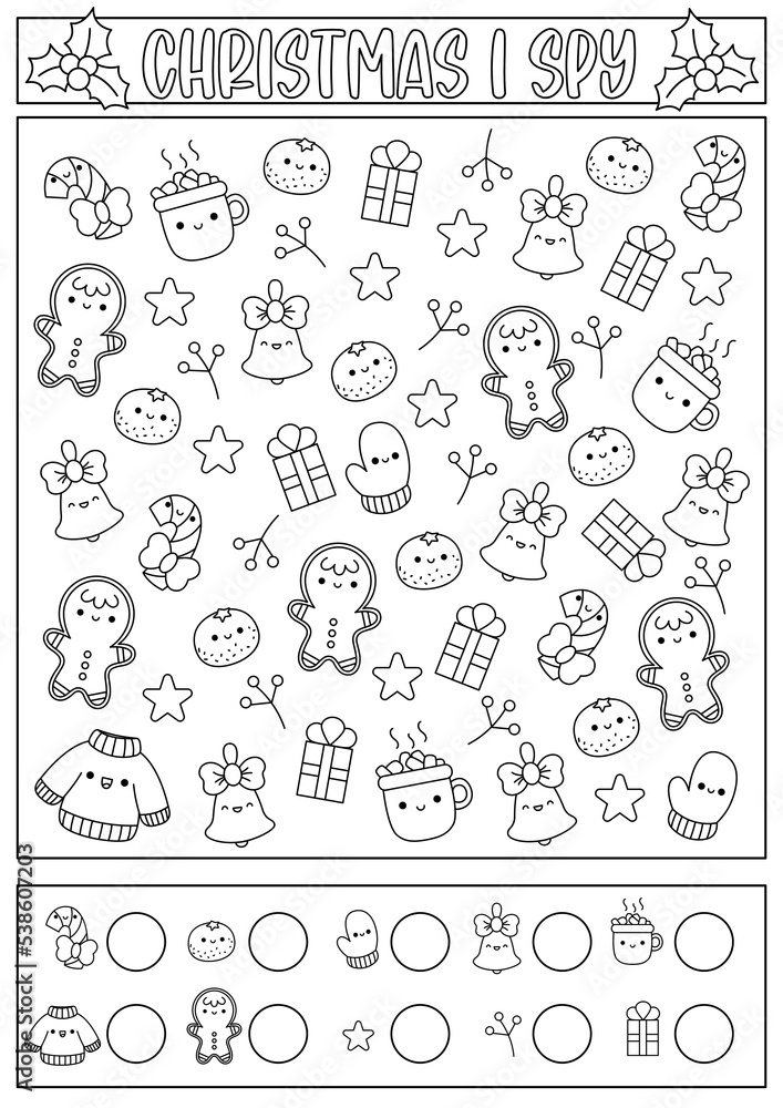 Christmas black and white I spy game for kids. Searching and counting ...