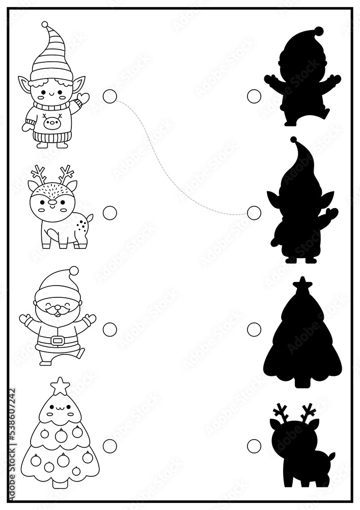 Christmas black and white shadow matching activity. Winter holiday ...