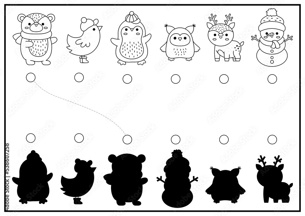 Christmas black and white shadow matching activity. Winter holiday ...