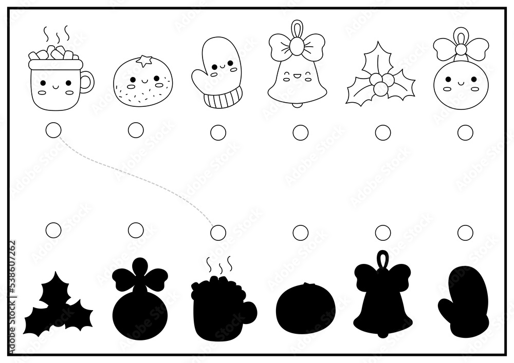 Christmas black and white shadow matching activity. Winter holiday ...
