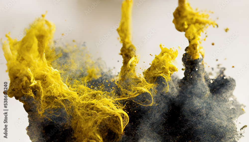 Yellow and black color powder explosion on white background. Explosion ...