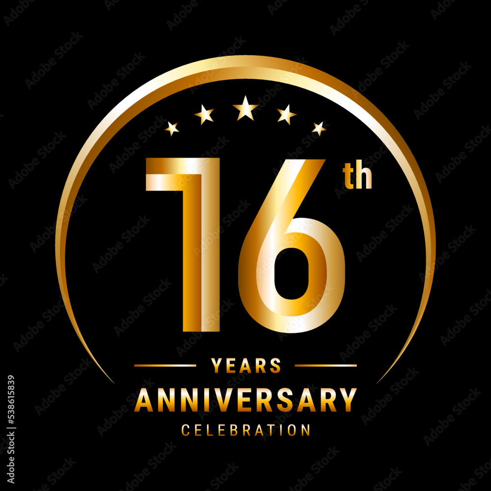 16th Anniversary, Logo design for anniversary celebration with gold ...