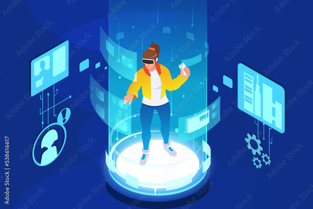 Young woman wearing headset googles and touching vr 360 interface ...