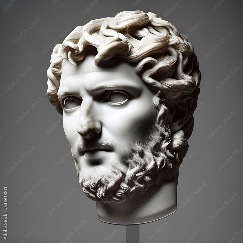 3D illustration of an ancient Roman or Greek god statue bust in ...
