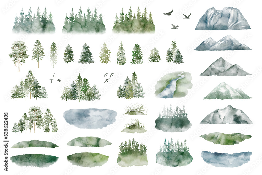 Watercolor Forest tree illustration. Mountain landscape. Woodland pine ...