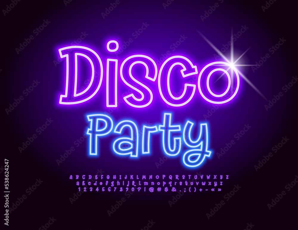 Vector playful emblem Disco Party. Glowing Font. Bright neon Alphabet ...