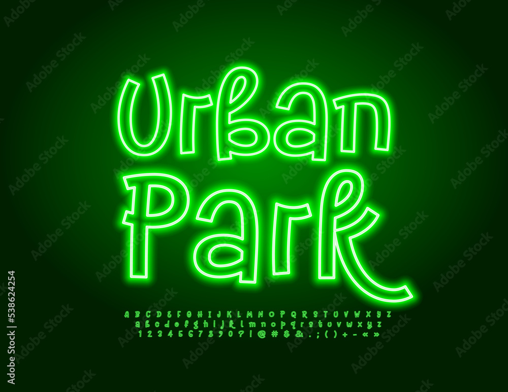 Vector glowing sign Urban Park. Funny electric Font. Green Neon ...