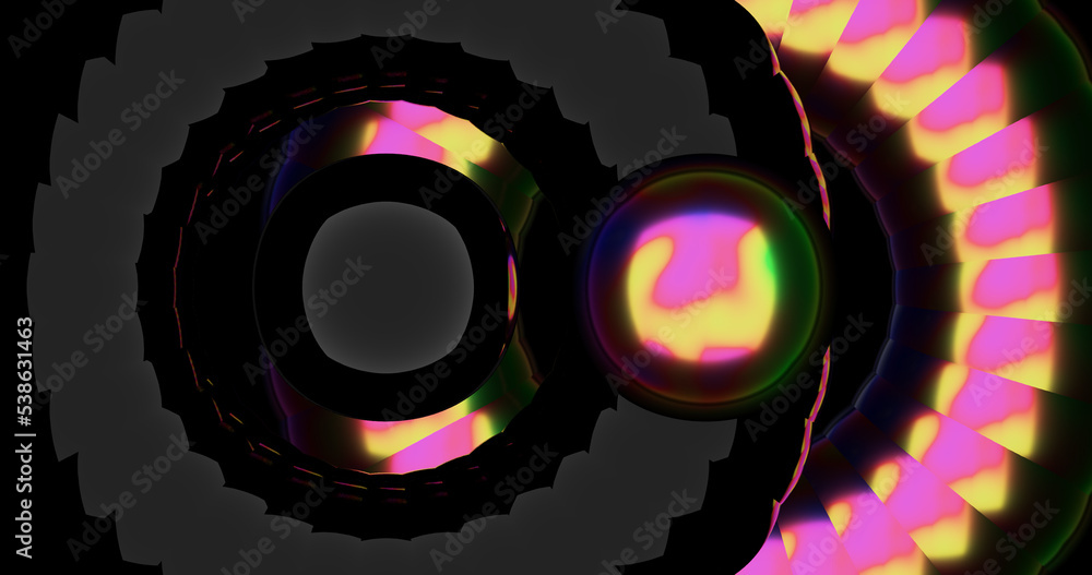 Render with a rounded structure of balls in black reflective and ...