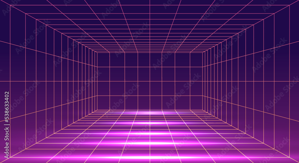 Futuristic 3D wireframe room. Perspective grid. Futuristic digital ...
