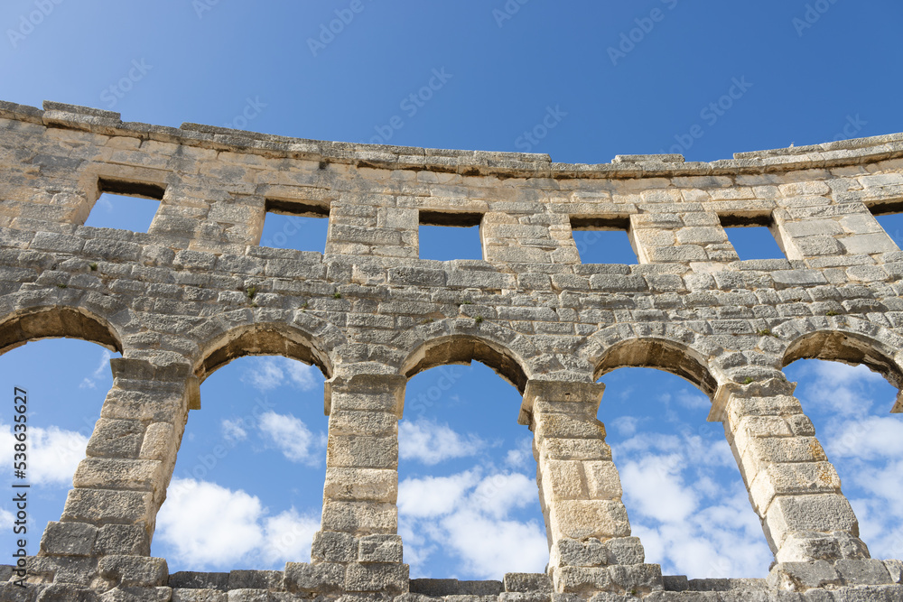 Amphitheatre at Pula, Istria, Croatia. The oval arena has walls as ...
