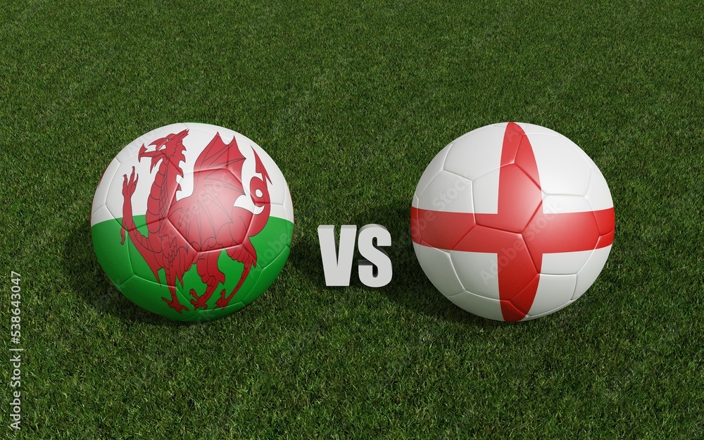 Footballs in flags colors on grass . Wales with England. World Cup ...