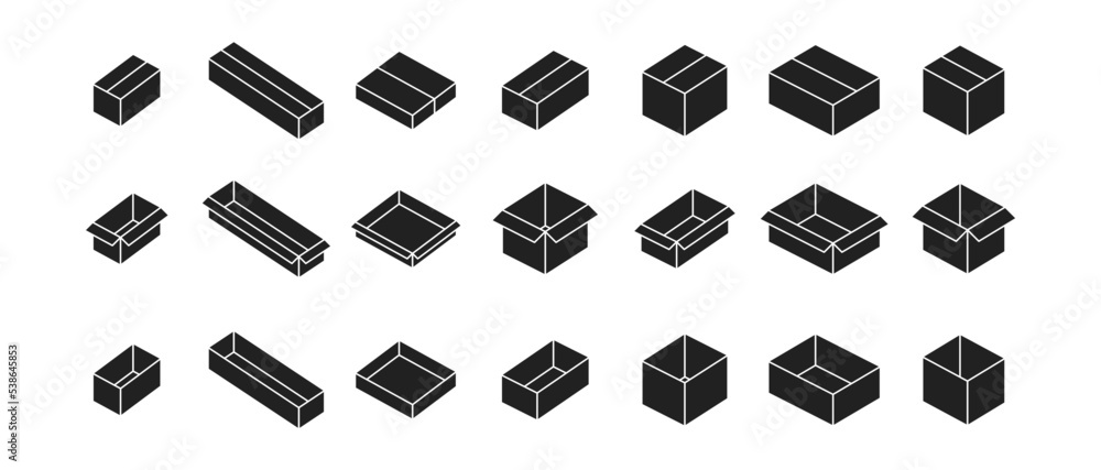Box icon set. Open and closed, black icons. Delivery packaking symbol ...