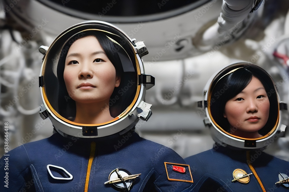 Chinese female astronauts in spacesuits preparing for a lunar mission ...