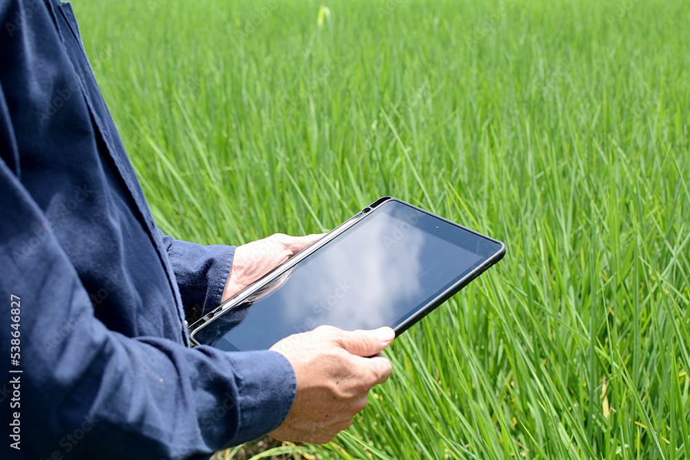Farmer is working in the field his using a ipad with Innovation ...