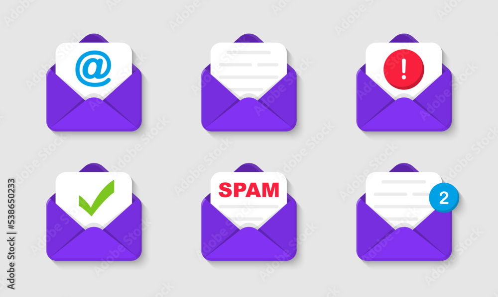 Set of mail and email envelopes. Opened envelope with a document ...