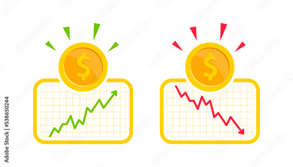 Dollar rate increase and fall icons. Dollar growth and loss. Dollar with arrow down and up ...