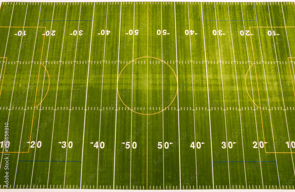Soccer field top straight down aerial shot. Empty football playground ...