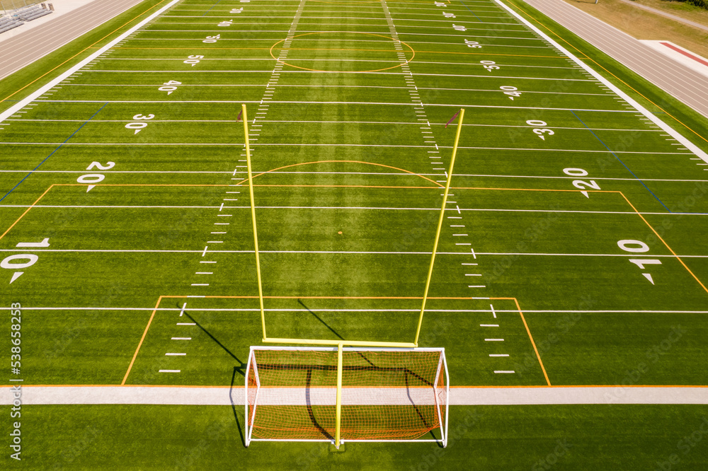 Soccer field top straight down aerial shot. Empty football playground ...