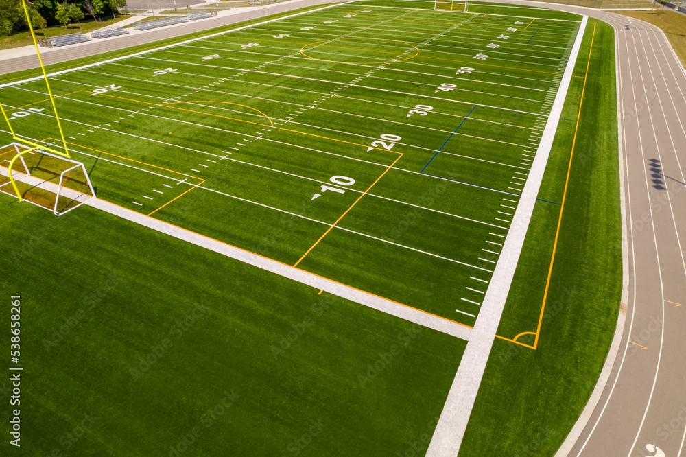 Soccer field top straight down aerial shot. Empty football playground ...