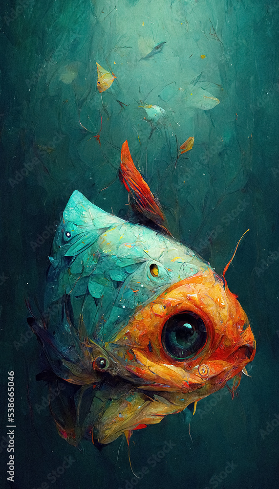 Abstract digital painting of fish swimming in the ocean marine life ...