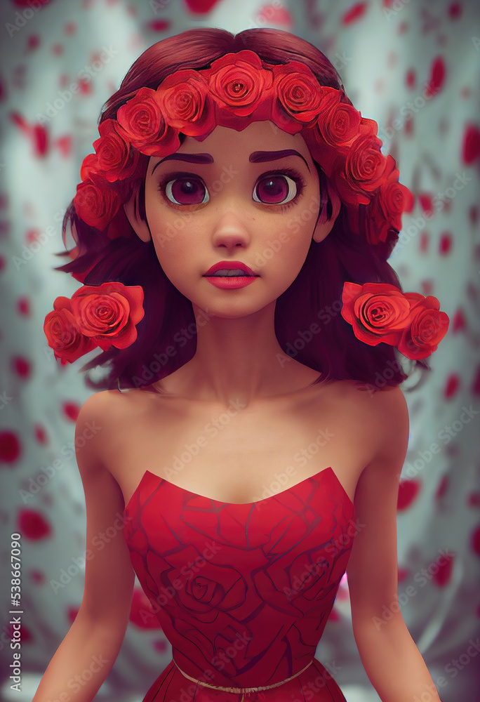 pretty girl with big eyes and red dress, red roses everywhere, 3d ...