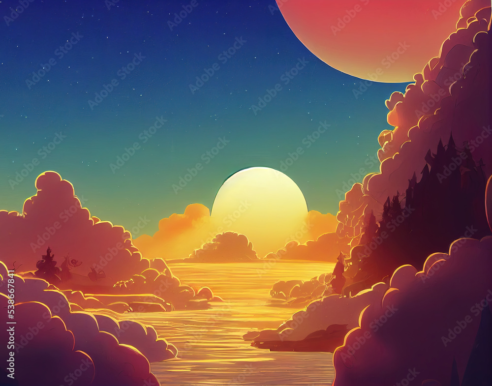 fantasy cartoon illustration of a sunrise scene, pink clouds and ocean ...