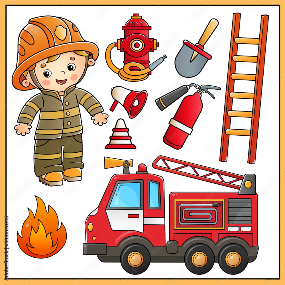 Cartoon fire truck with a firefighter or fireman. Fire extinguishing ...