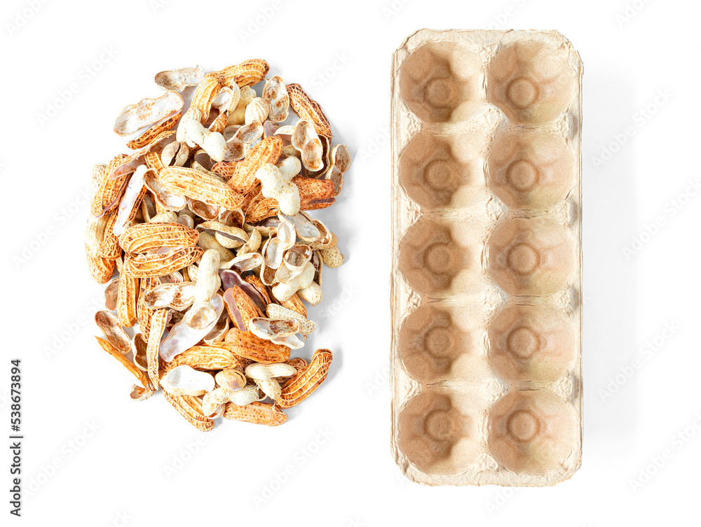 Top view in white background. Husk of peanuts with empty egg carton ...