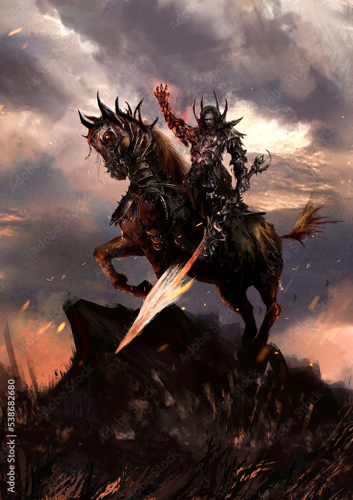 A demonic horseman with a huge fiery sword in epic black armor rides a ...