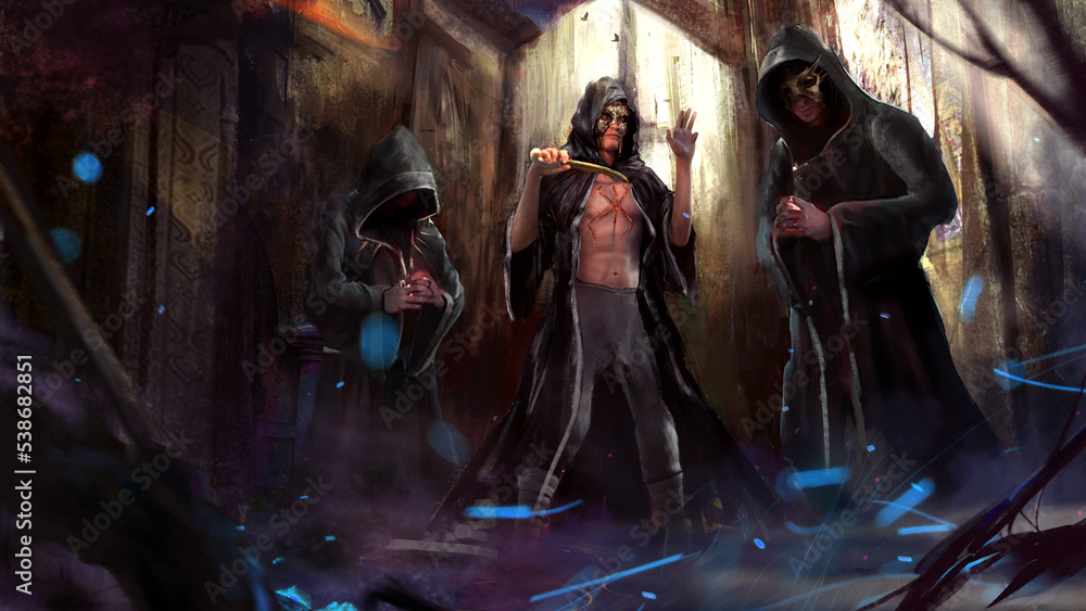 Cultists in black robes with hoods stand in a Gothic cathedral and ...